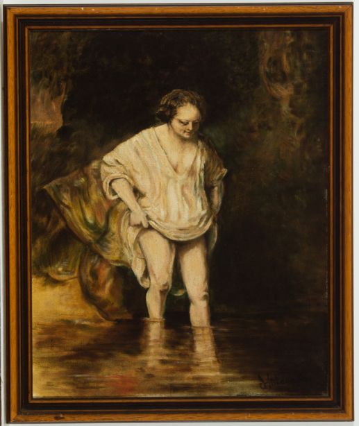 H. Edwards after Rembrandt, Framed Contemporary Oil, Young Woman Bathing