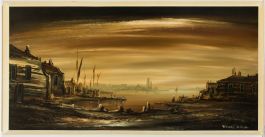 Edward Elliot - Large Signed 20th Century Oil, Dusk Harbour Scene