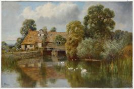 John Bonny (1874-1948) - Early 20th Century Oil, Swans by the Mill House