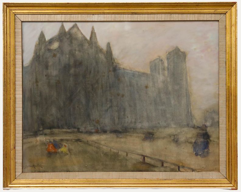 Gaston Roullet (1847-1925) - Framed Watercolour, Figures Before a Cathedral