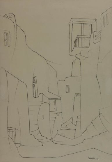 Florakis - 1965 Pen and Ink Drawing, Narrow Mediterranean Street