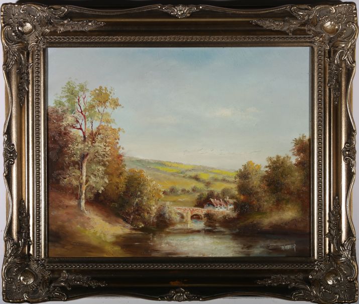 Wheeler - Framed 20th Century Oil, Bridge by the Riverside