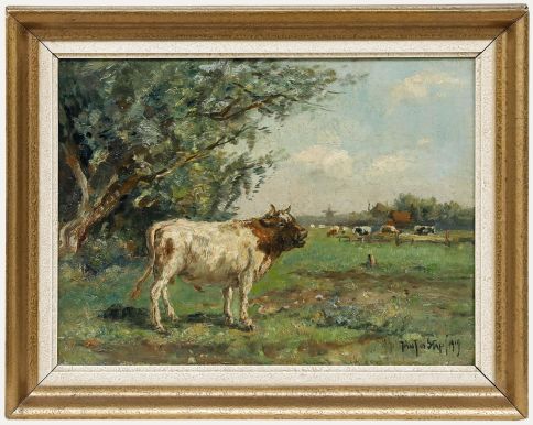 Johannes Jacobus van der Stap (1874-1940) - Framed 1919 Oil, Bull in a ...