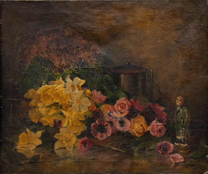 F. Robson - Early 20th Century Oil For Restoration, Daffodils and Figurine