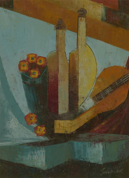 Sandler - 20th Century Acrylic, Cubist Still Life with Flowers and Guitar