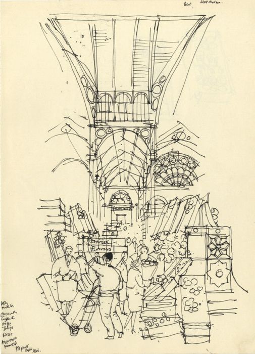 Paul Sharp - 1962 Pen and Ink Drawing, Flower Market, Chelsea