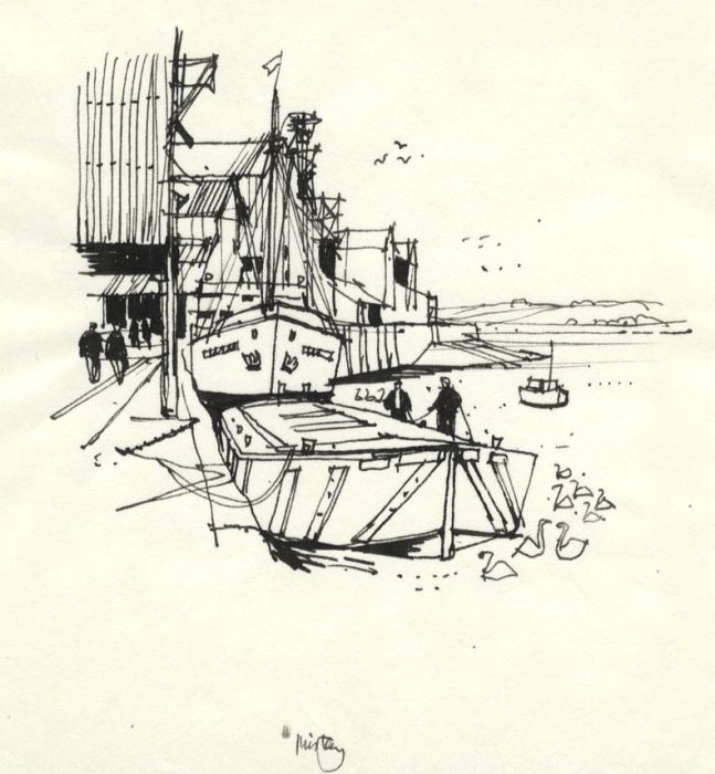 Paul Sharp - 1963 Pen and Ink Drawing, Boatyard