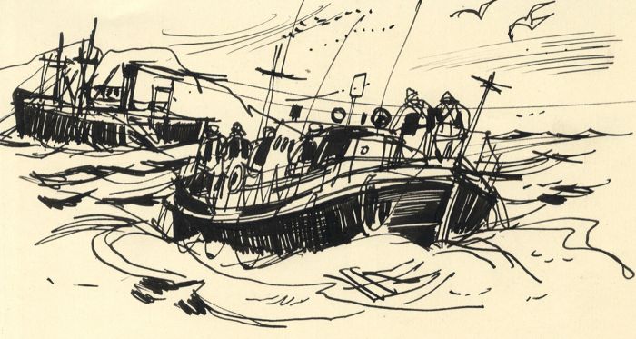 Paul Sharp - 1965 Pen and Ink Drawing, Sketch for 'Lifeboat Green to White'