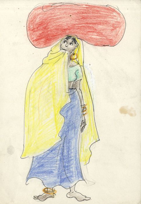 Lory Adler - 1983 Graphite Drawing, South Asian Woman Carrying Load