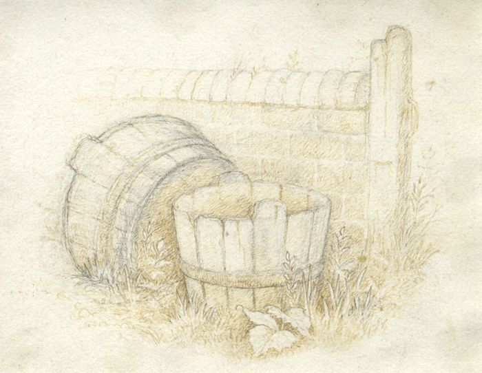 Early 20th Century Graphite Drawing - Wooden Pails