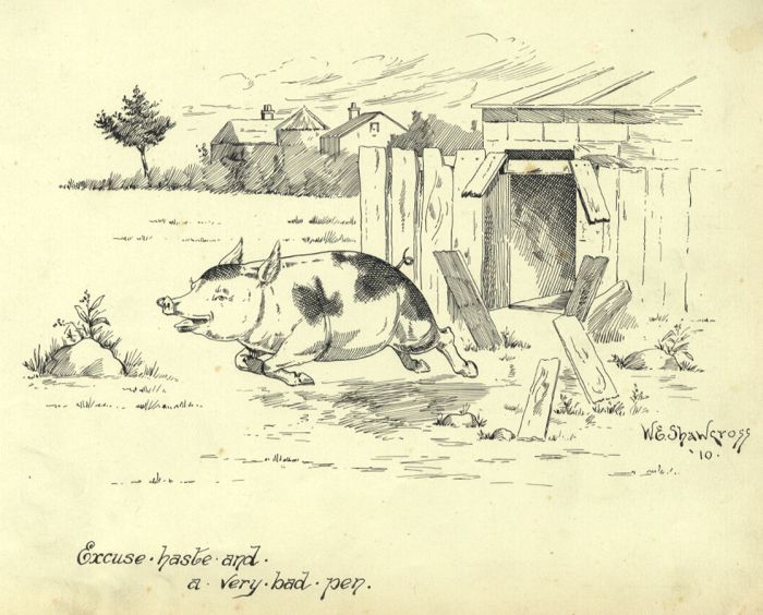 William Edgar Shawcross - 1910 Pen and Ink Drawing, "Excuse Haste ...