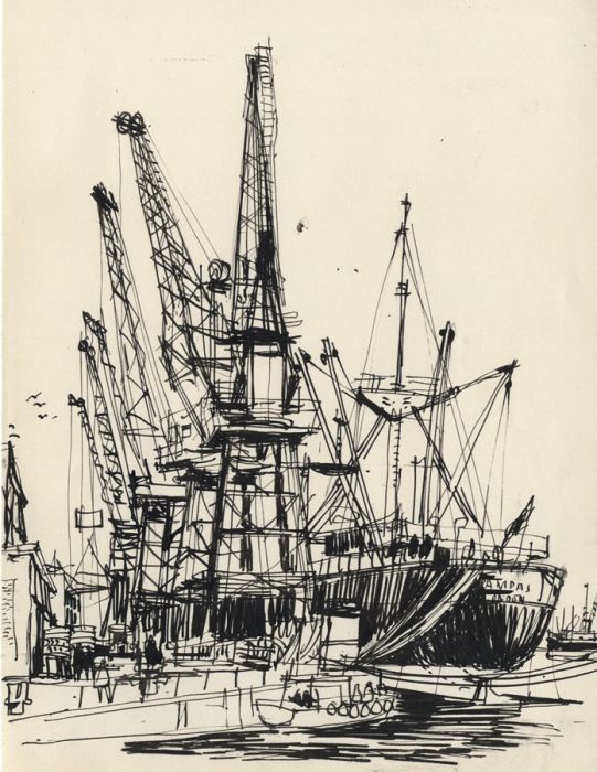 Paul Sharp - Mid 20th Century Pen and Ink Drawing, Ship on the Thames