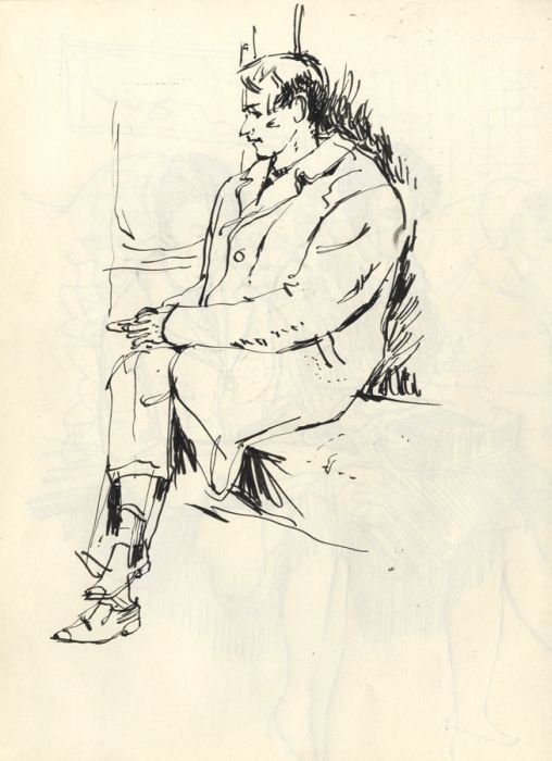 Paul Sharp - Mid 20th Century Pen and Ink Drawing, Gentleman on train
