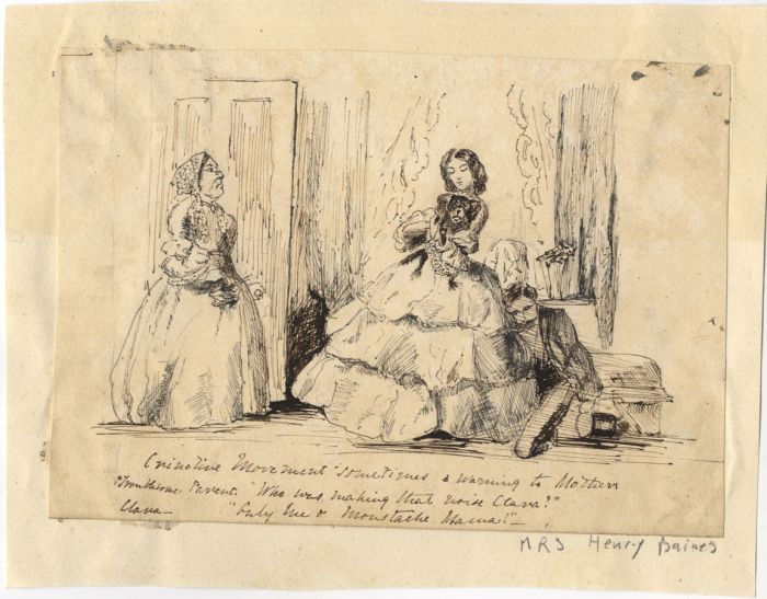 Mrs Henry Baines - 19th Century Pen and Ink Drawing, Lady Hiding her Suitor