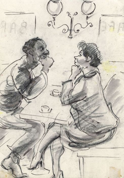 Mid 20th Century Pen and Ink Drawing - Couple in a Cafe