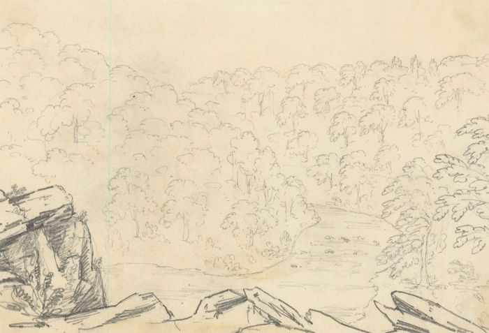 M.E. Bladeen - circa 1832 Graphite Drawing, Forest Landscape with River