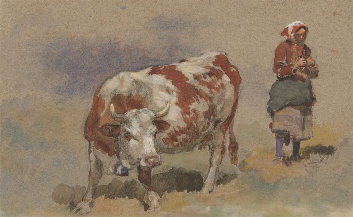 Alfred William Strutt (1856-1924) - Watercolour, Woman and Cow