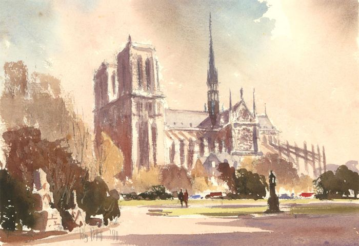 Roy Pettit (b.1935) - Signed 1990 Watercolour, Notre-Dame South View, Paris