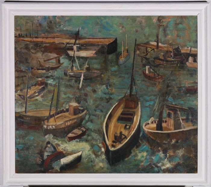 Manner of Julian Trevelyan - Mid 20th Century Oil, A Busy Harbour