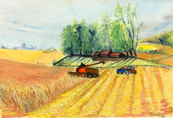 Lester S. Clarke - 1969 Watercolour, Harvesting Field