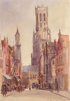Horace Tuck (1876-1951) - Watercolour, Street Scene with Cathedral